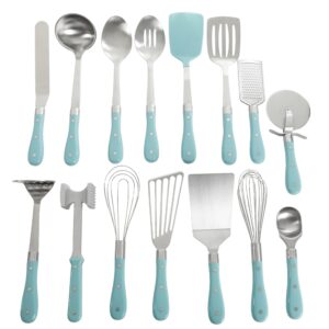 pioneer woman frontier teal blue 15 pc set kitchen tool stainless steel spoon whisk spatula set