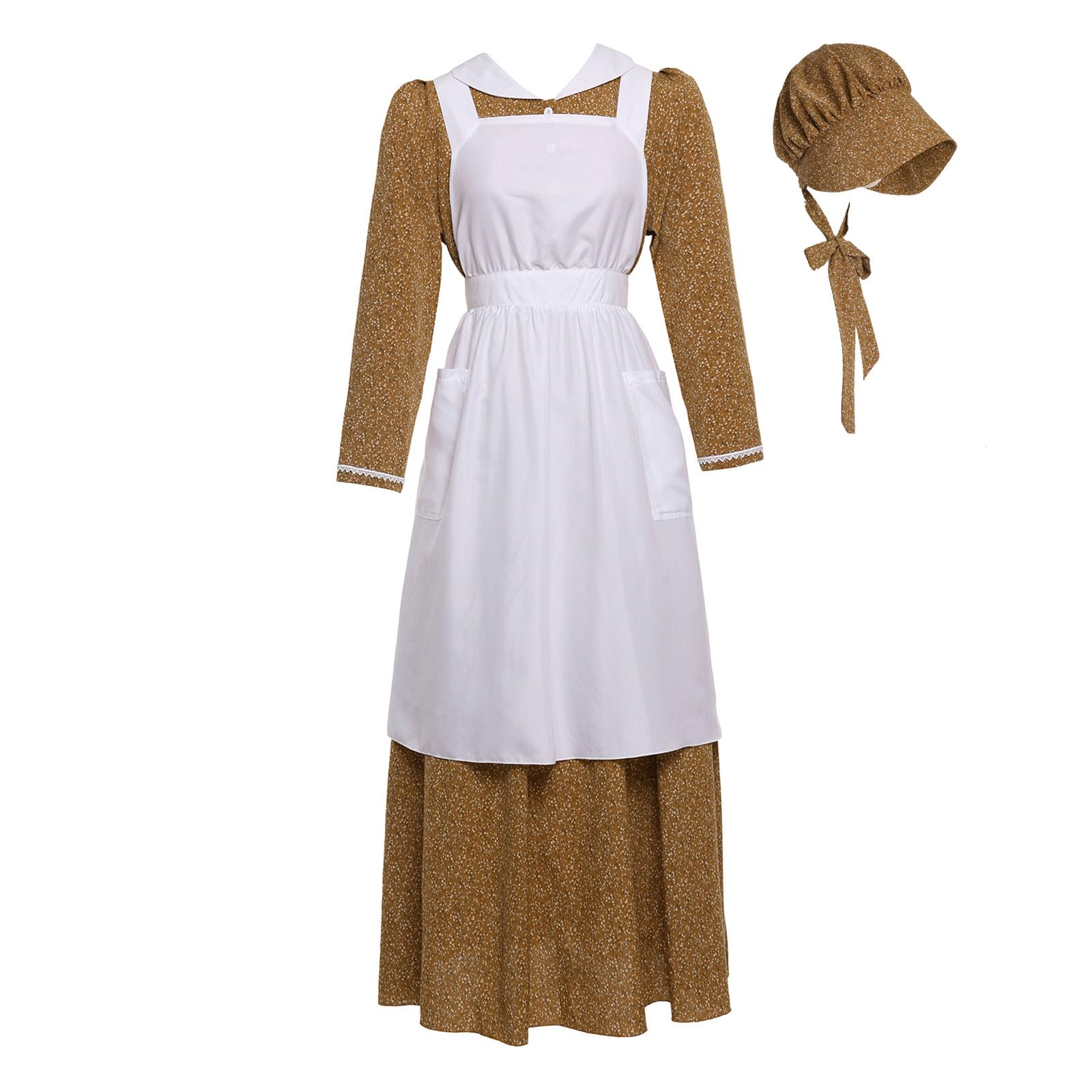 Vibsion Women Pioneer Colonial Dress Floral Prairie Dresses Pilgrim Costume Pioneer Trek Clothing Historical Dress 3Pcs