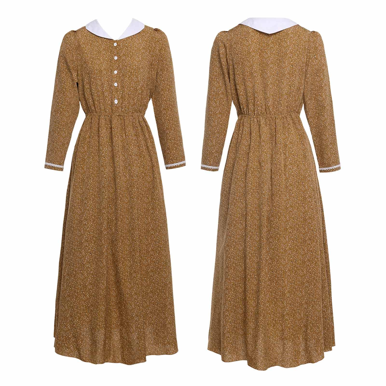 Vibsion Women Pioneer Colonial Dress Floral Prairie Dresses Pilgrim Costume Pioneer Trek Clothing Historical Dress 3Pcs