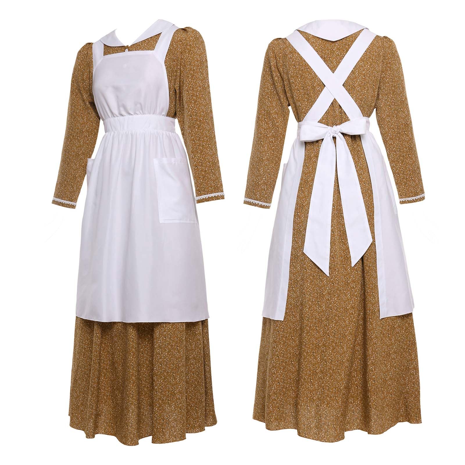 Vibsion Women Pioneer Colonial Dress Floral Prairie Dresses Pilgrim Costume Pioneer Trek Clothing Historical Dress 3Pcs