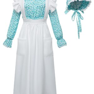 FORTMAC Pioneer Dress Women-Prairie Dress Women 1800s Amish Colonial Dress Women Bonnet Apron Blue S