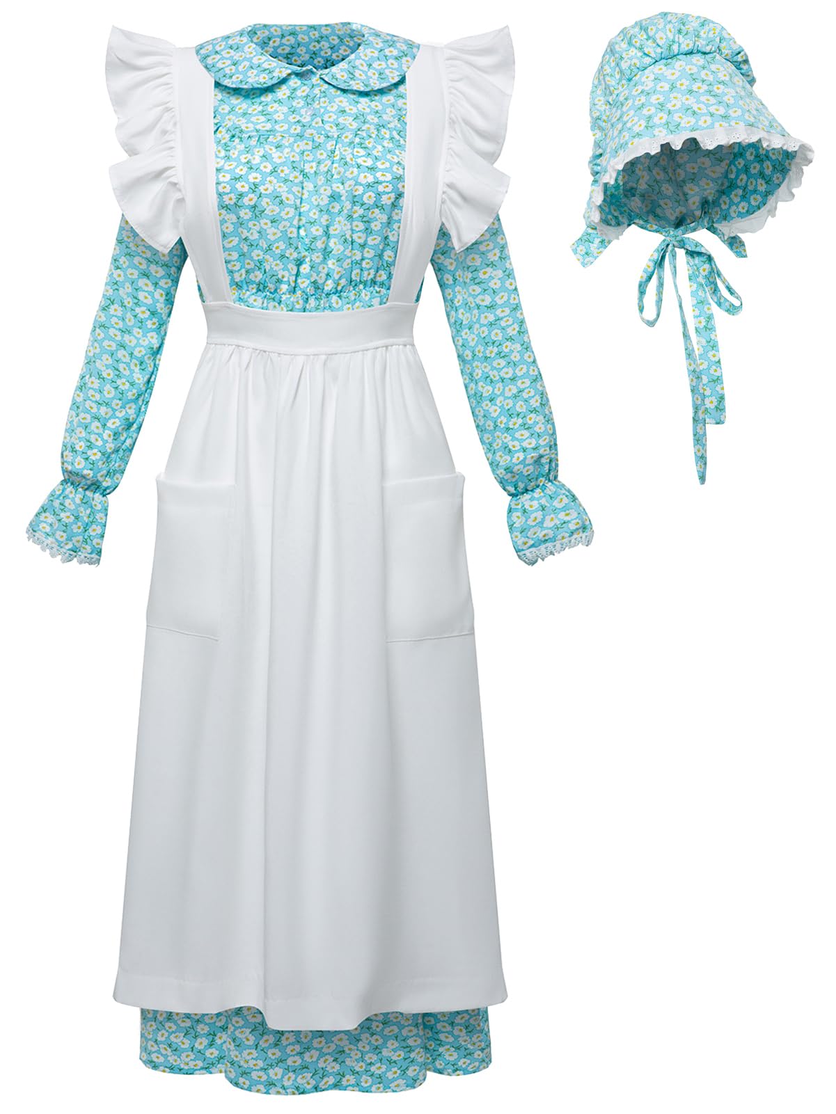 FORTMAC Pioneer Dress Women-Prairie Dress Women 1800s Amish Colonial Dress Women Bonnet Apron Blue S