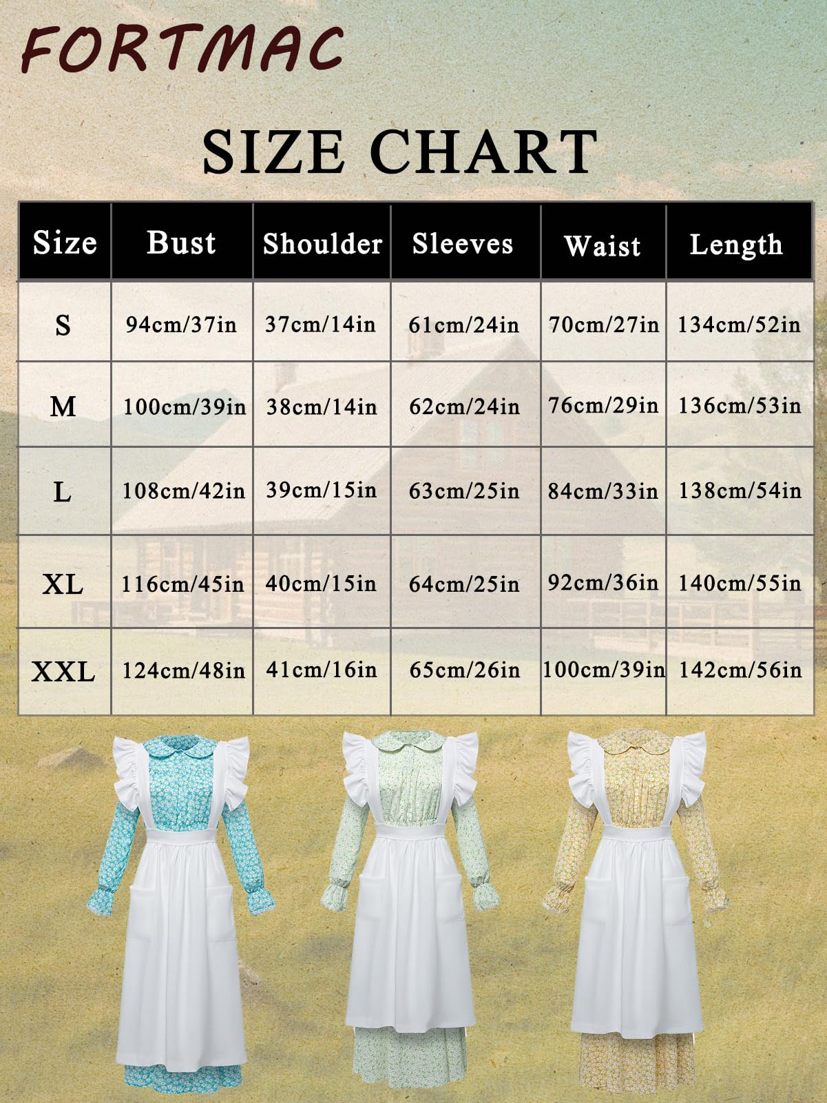 FORTMAC Pioneer Dress Women-Prairie Dress Women 1800s Amish Colonial Dress Women Bonnet Apron Blue S