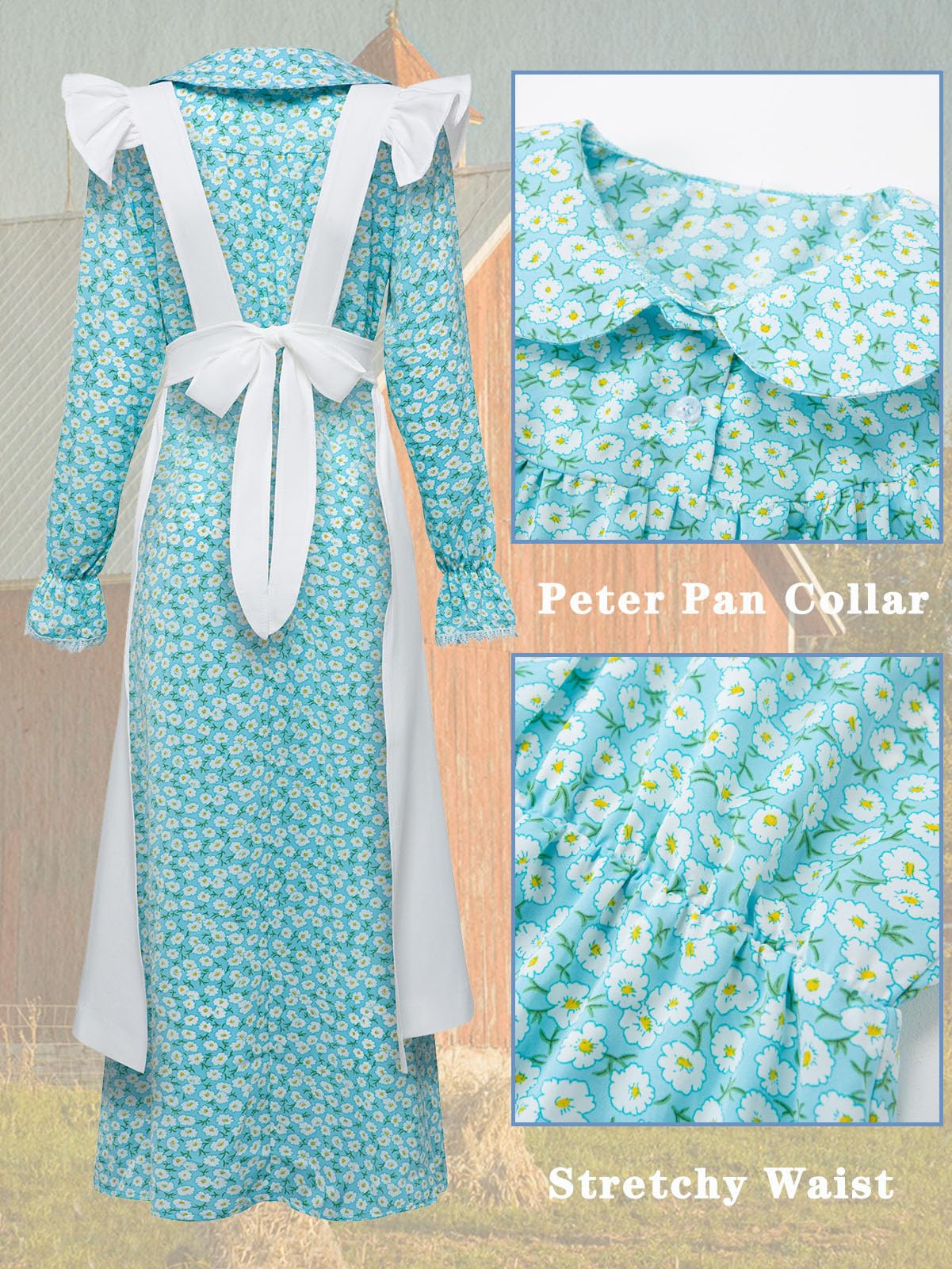 FORTMAC Pioneer Dress Women-Prairie Dress Women 1800s Amish Colonial Dress Women Bonnet Apron Blue S