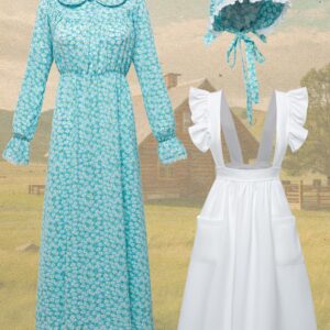 FORTMAC Pioneer Dress Women-Prairie Dress Women 1800s Amish Colonial Dress Women Bonnet Apron Blue S