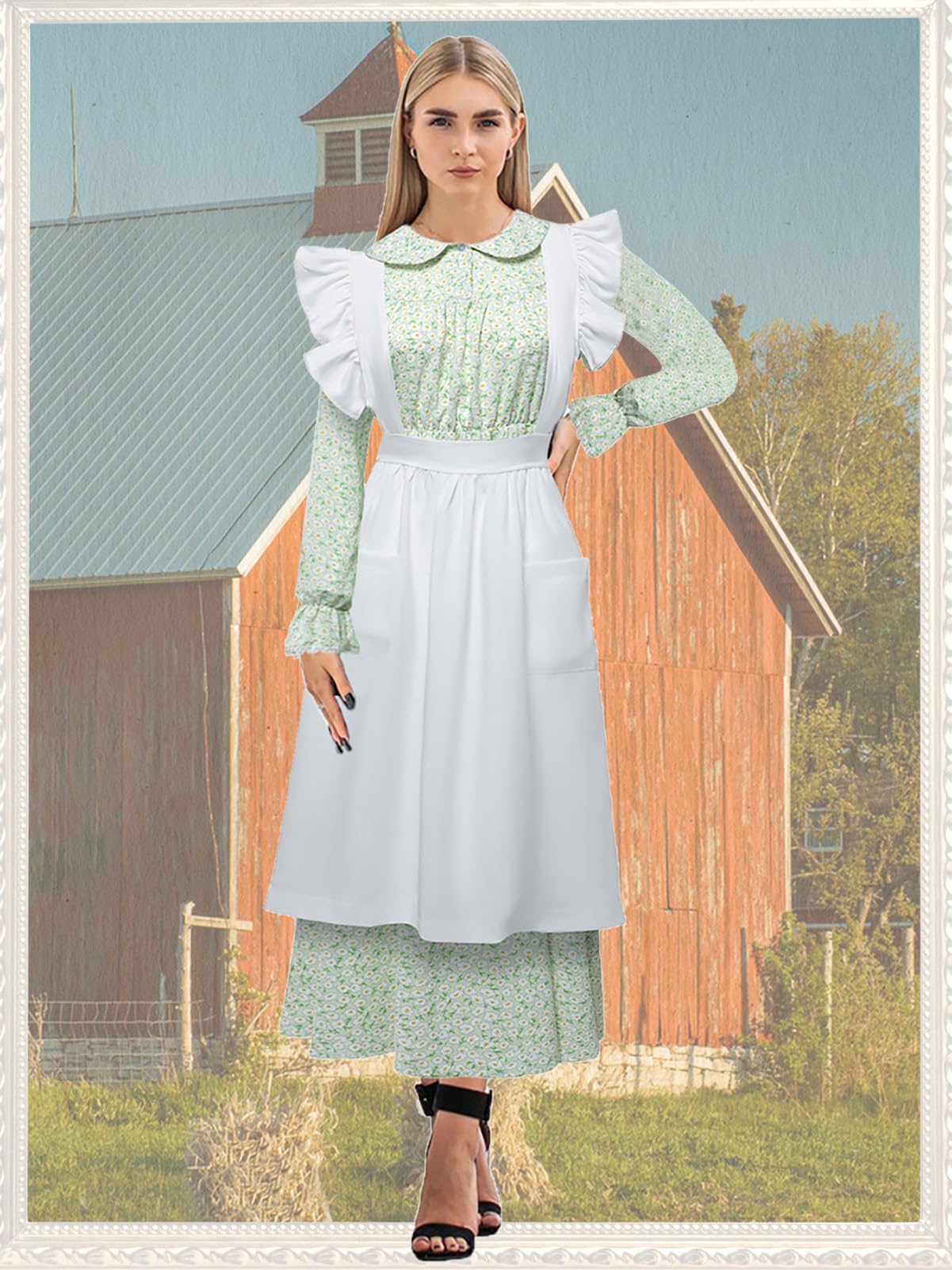 FORTMAC Pioneer Dress Women-Prairie Dress Women 1800s Amish Colonial Dress Women Bonnet Apron Blue S