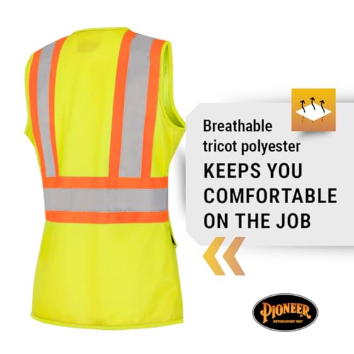 Pioneer Safety Vest for Women with Pockets - Hi-Vis Reflective Tape - for Construction - Yellow/Green