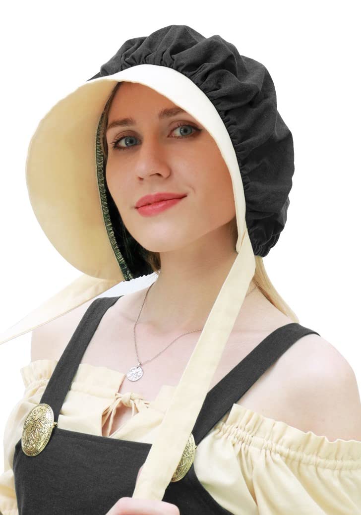 FURPHI Women's Colonial Pioneer Bonnet Hat Linen Victorian Pilgrim Headwear (Black)