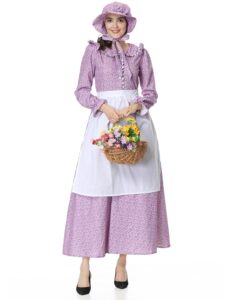 grajtcin pioneer woman costume colonial prairie dress women floral historical costume halloween dress up long sleeves purple - medium