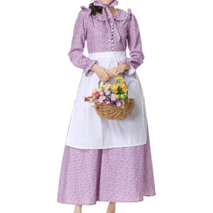 GRAJTCIN Pioneer Woman Costume Colonial Prairie Dress Women Floral Historical Costume Halloween Dress Up Long Sleeves Purple - Medium