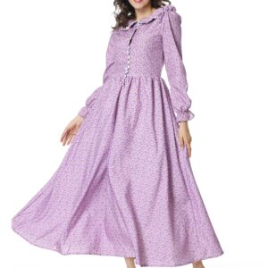 GRAJTCIN Pioneer Woman Costume Colonial Prairie Dress Women Floral Historical Costume Halloween Dress Up Long Sleeves Purple - Medium