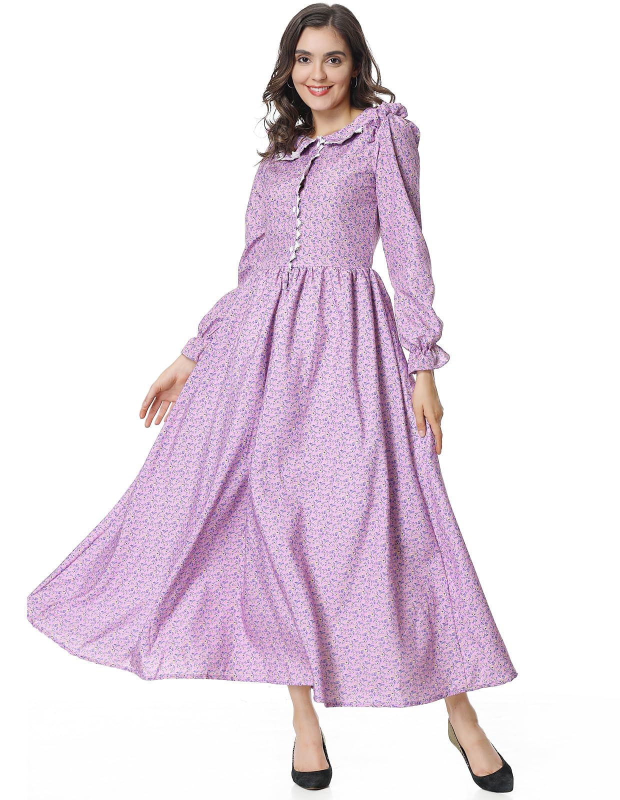 GRAJTCIN Pioneer Woman Costume Colonial Prairie Dress Women Floral Historical Costume Halloween Dress Up Long Sleeves Purple - Medium