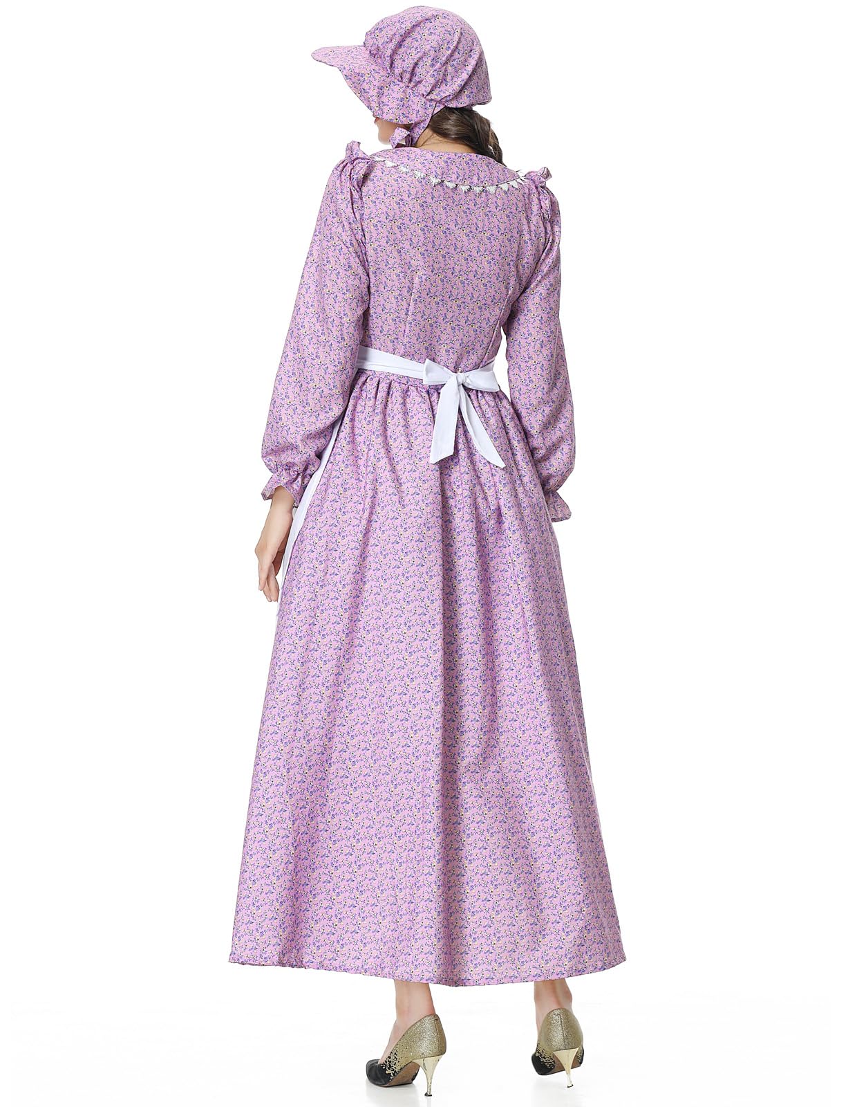 GRAJTCIN Pioneer Woman Costume Colonial Prairie Dress Women Floral Historical Costume Halloween Dress Up Long Sleeves Purple - Medium