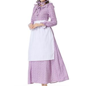 GRAJTCIN Pioneer Woman Costume Colonial Prairie Dress Women Floral Historical Costume Halloween Dress Up Long Sleeves Purple - Medium