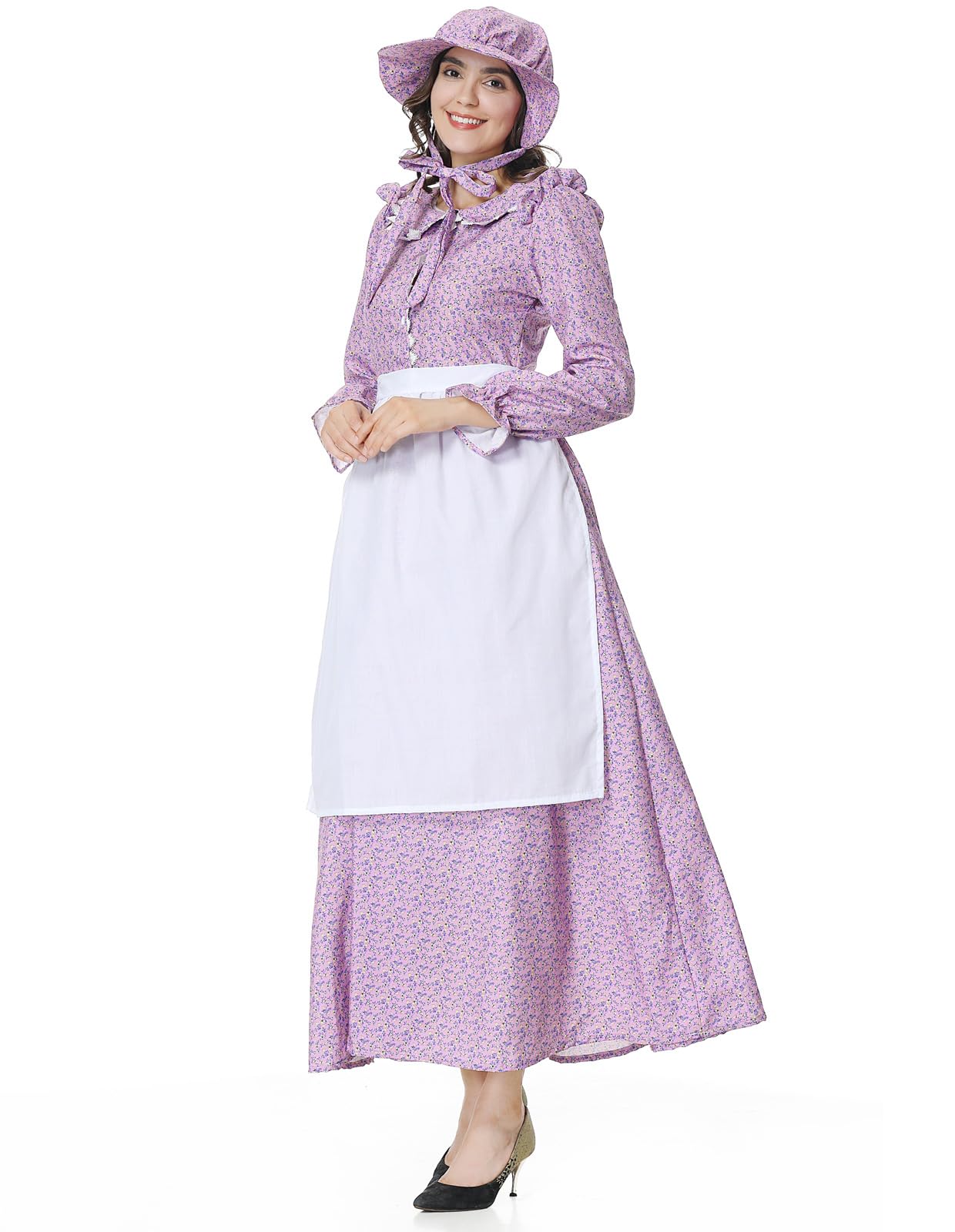 GRAJTCIN Pioneer Woman Costume Colonial Prairie Dress Women Floral Historical Costume Halloween Dress Up Long Sleeves Purple - Medium