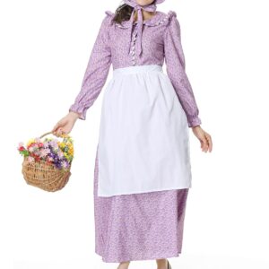 GRAJTCIN Pioneer Woman Costume Colonial Prairie Dress Women Floral Historical Costume Halloween Dress Up Long Sleeves Purple - Medium