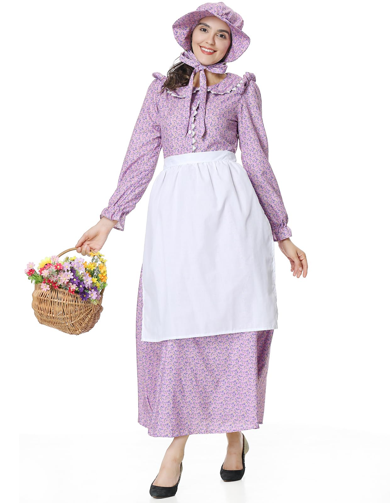 GRAJTCIN Pioneer Woman Costume Colonial Prairie Dress Women Floral Historical Costume Halloween Dress Up Long Sleeves Purple - Medium