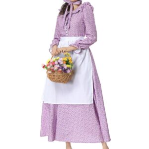 GRAJTCIN Pioneer Woman Costume Colonial Prairie Dress Women Floral Historical Costume Halloween Dress Up Long Sleeves Purple - Medium