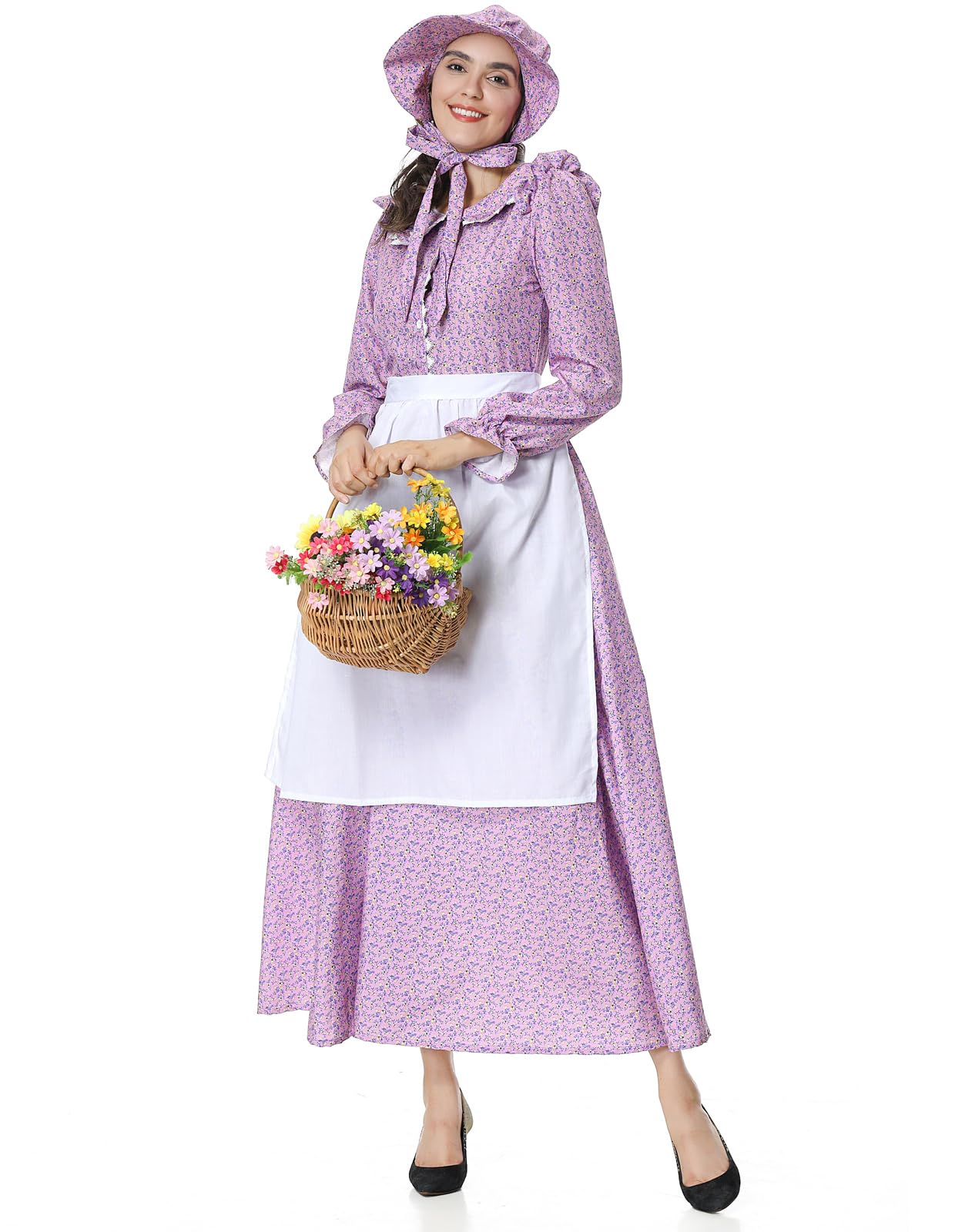 GRAJTCIN Pioneer Woman Costume Colonial Prairie Dress Women Floral Historical Costume Halloween Dress Up Long Sleeves Purple - Medium