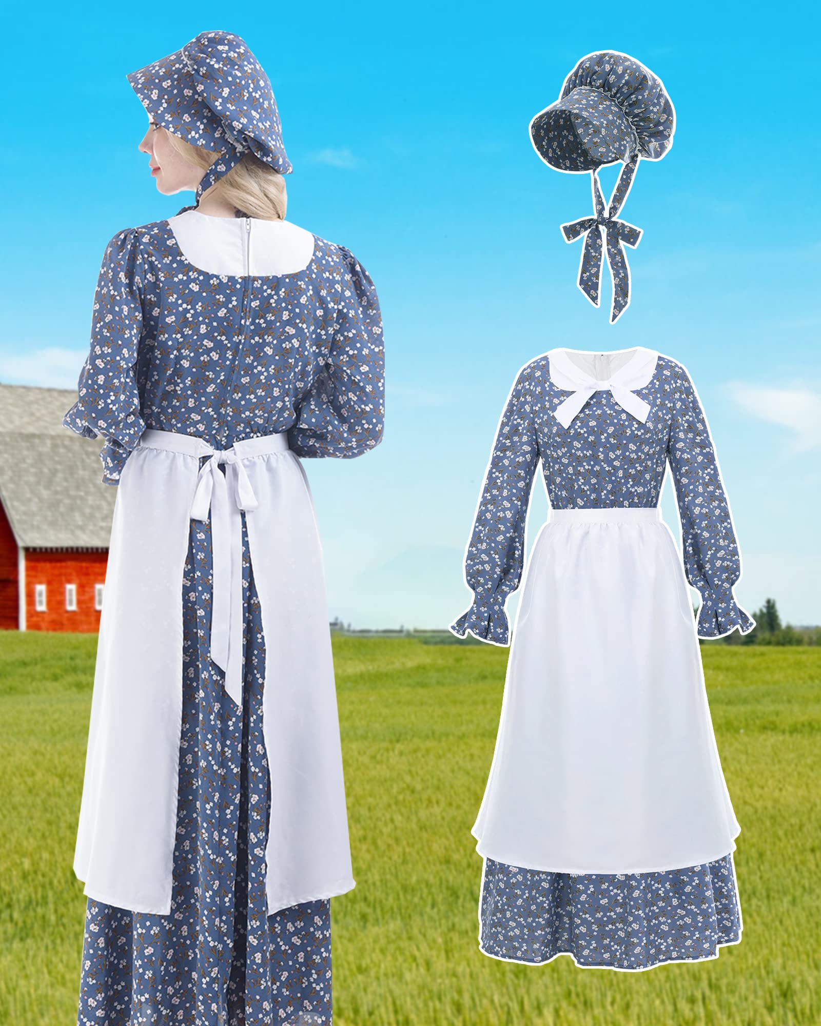 NSPSTT Women's Colonial 1800s Prairie Pioneer Costumes Dress, Blue, Large