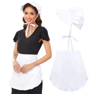 kuoin waist apron bonnet set colonial apron cap ruffle retro maid hat apron with pockets cooking costume (white)