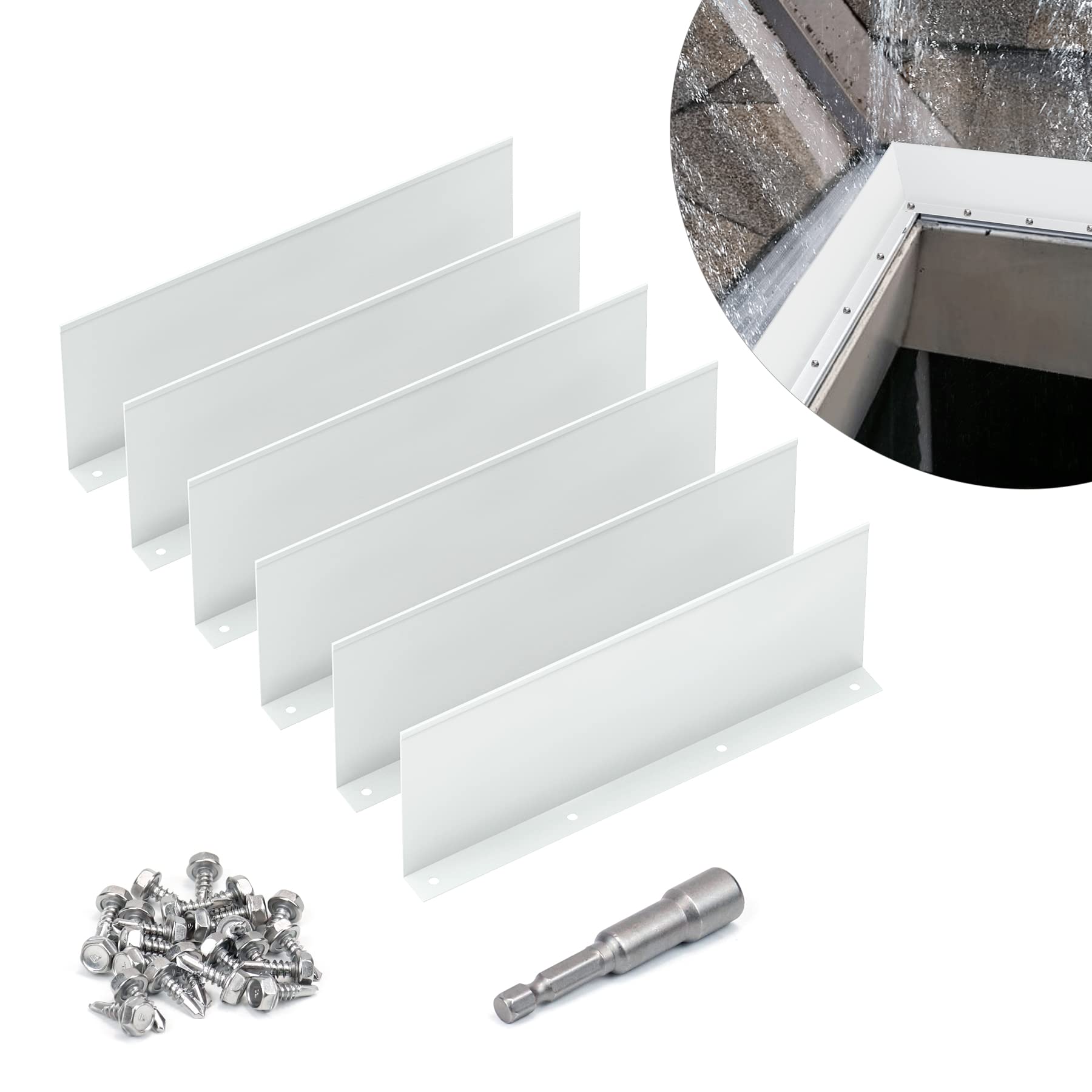 Flamorrow 6 Pack Aluminum Gutter Valley Splash Guards, Rainwater Roofing Gutter Guard, Straight Gutter Splash Guard for Flat Shingle Roofs, Valley, Corner, White