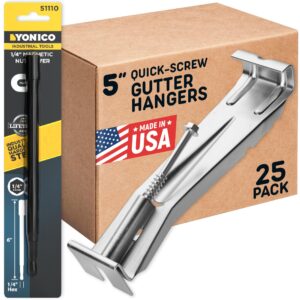 quick screw gutter hangers 5 inch- 25 pack - 5 inch gutter clips with bonus 6 inch drill bit - hidden bracket clips with pre-assembled screw - fix sagging rain gutters