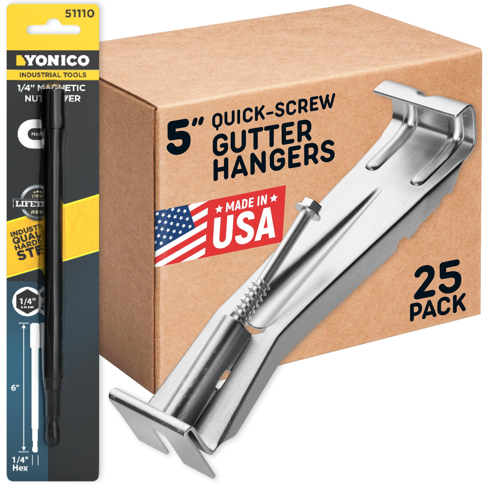 Quick Screw Gutter Hangers 5 Inch- 25 Pack - 5 Inch Gutter Clips with Bonus 6 Inch Drill Bit - Hidden Bracket Clips with Pre-Assembled Screw - Fix Sagging Rain Gutters