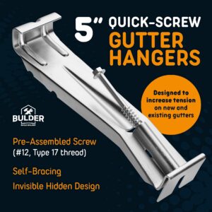 Quick Screw Gutter Hangers 5 Inch- 25 Pack - 5 Inch Gutter Clips with Bonus 6 Inch Drill Bit - Hidden Bracket Clips with Pre-Assembled Screw - Fix Sagging Rain Gutters