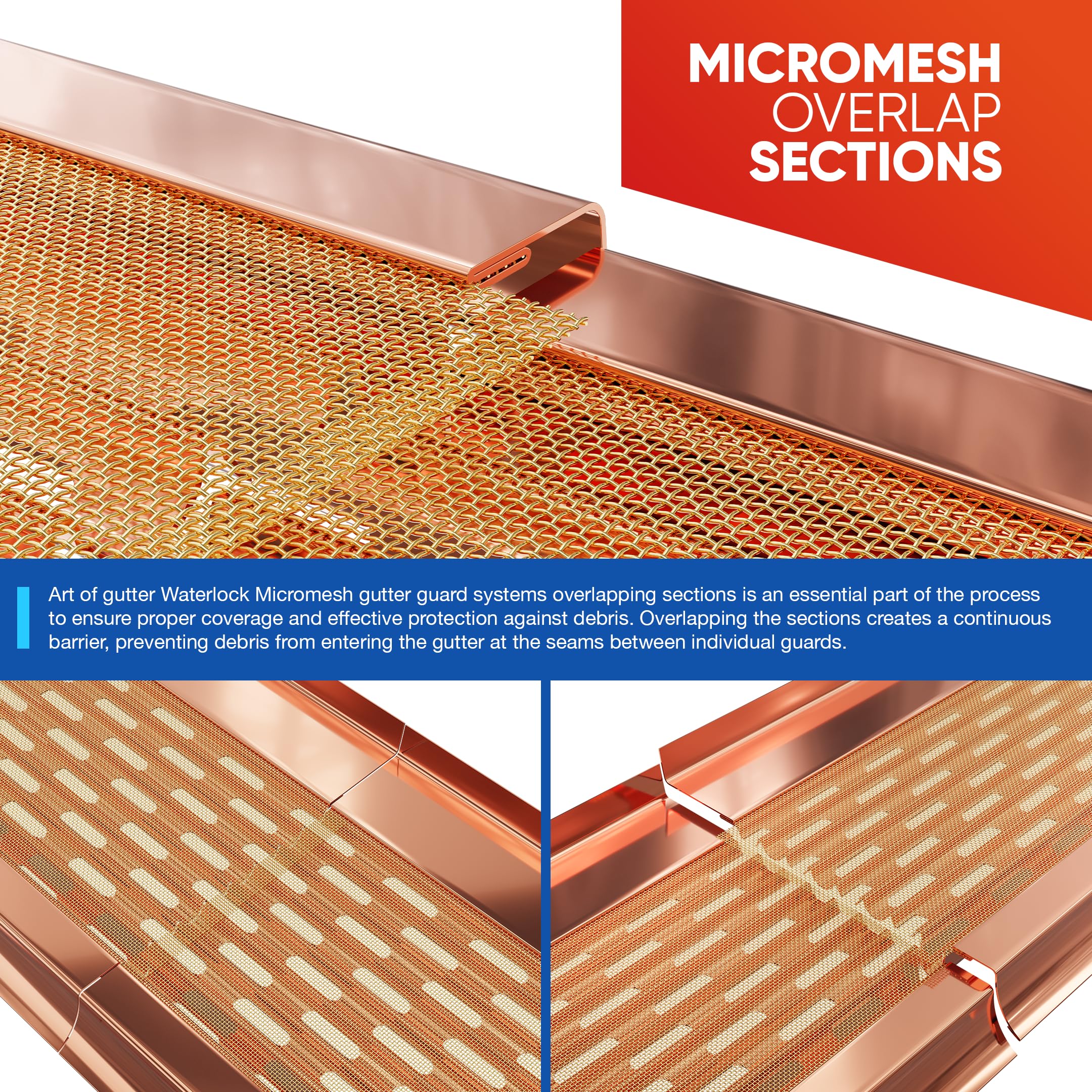 Waterlock Flat Under The Shingle Micromesh Gutter Guards in Copper for Half Round Gutter, 5 inch, 6 inch, 7 Inch Box Gutters, Commercial Gutters, Premium Quality Gutters from Manufacturer (25 Feet)