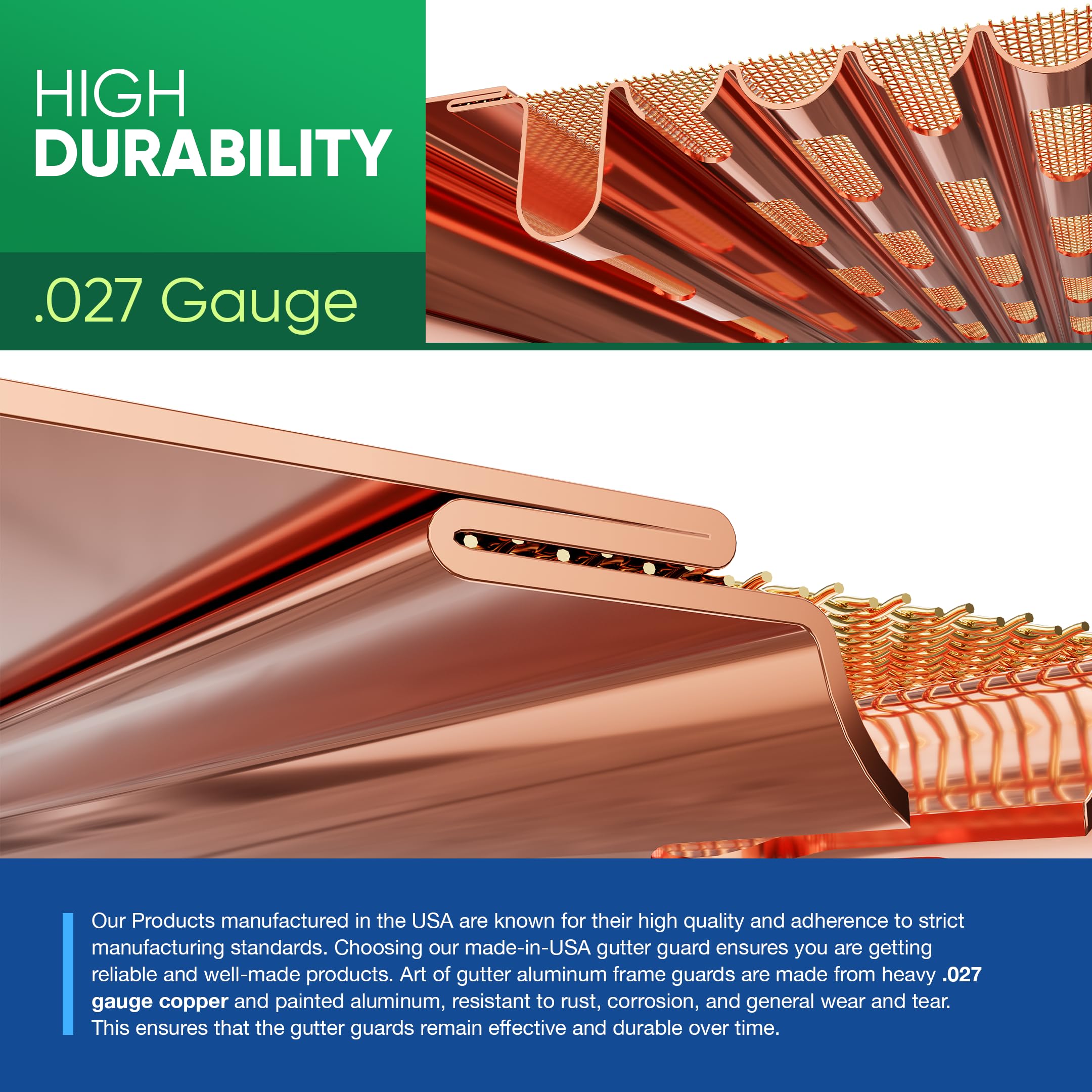 Waterlock Flat Under The Shingle Micromesh Gutter Guards in Copper for Half Round Gutter, 5 inch, 6 inch, 7 Inch Box Gutters, Commercial Gutters, Premium Quality Gutters from Manufacturer (25 Feet)