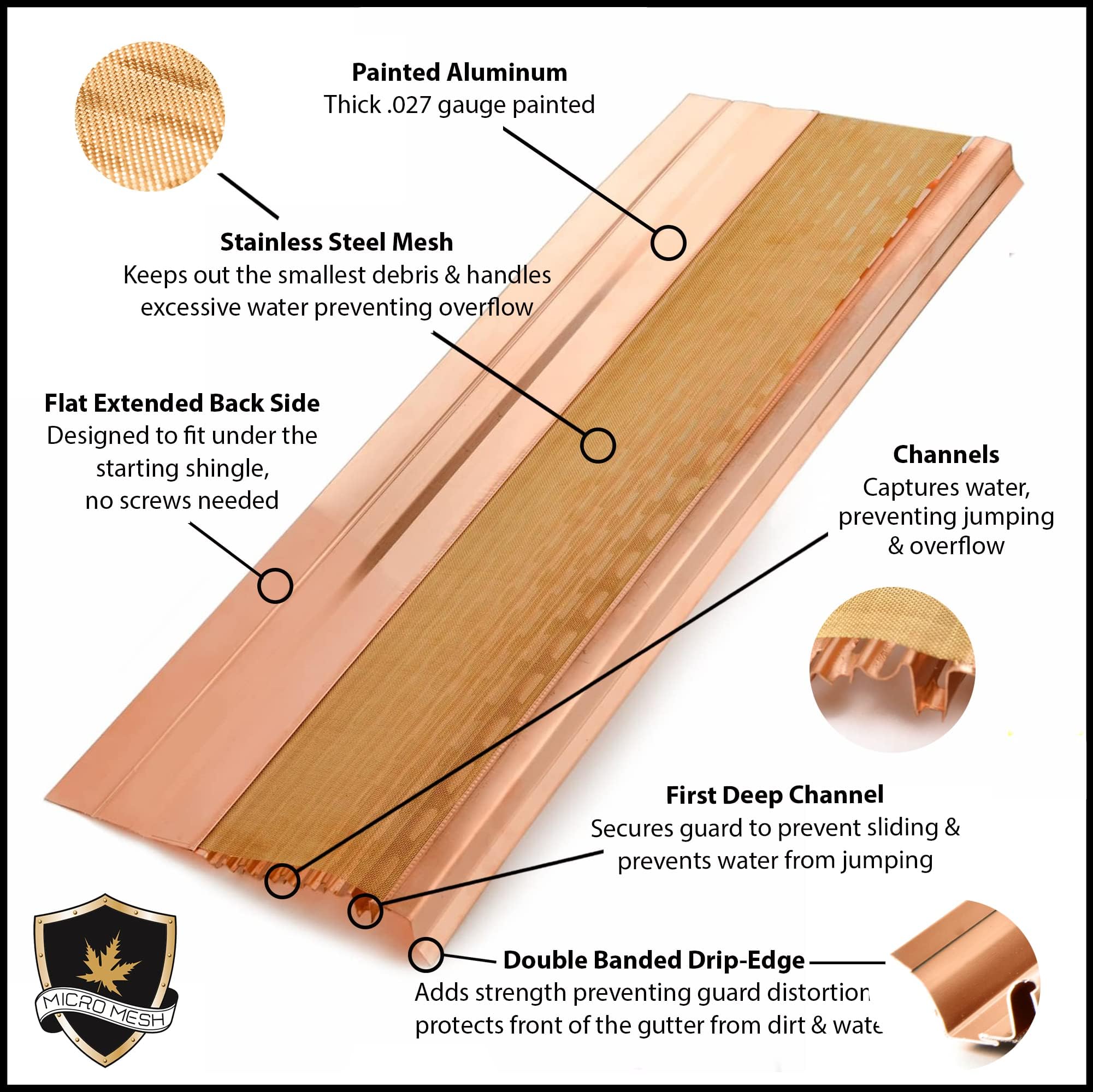 Waterlock Flat Under The Shingle Micromesh Gutter Guards in Copper for Half Round Gutter, 5 inch, 6 inch, 7 Inch Box Gutters, Commercial Gutters, Premium Quality Gutters from Manufacturer (25 Feet)