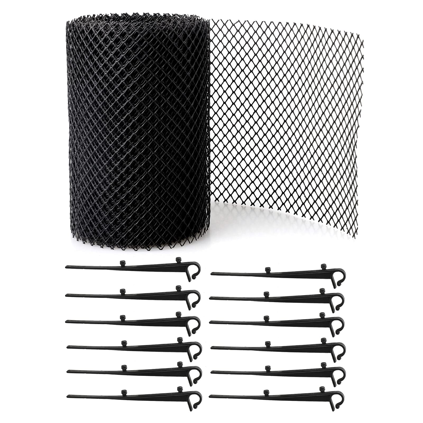 ZRSWV Plastic Gutter Guard Mesh Protector, Screen Roll 6in x 20ft with 12 Clip Fixing Hooks, Leaf Protection Cover Netting to Stop Drain and Guttering Leaf or Debris Blockages