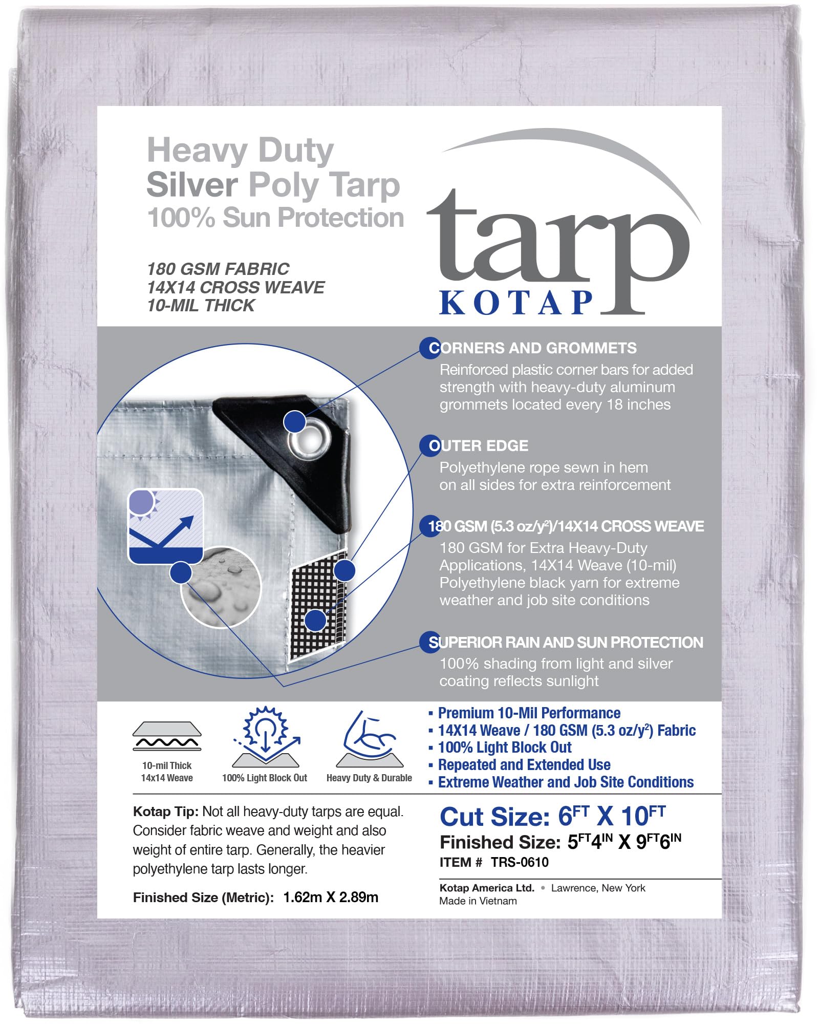 Kotap 6 x 10 Ft. Heavy-Duty Protection/Coverage Tarp, Superior Weave for Greater Longevity, 10-mil Multi-Use, Waterproof, TRS-0610, Silver (1-Pack)