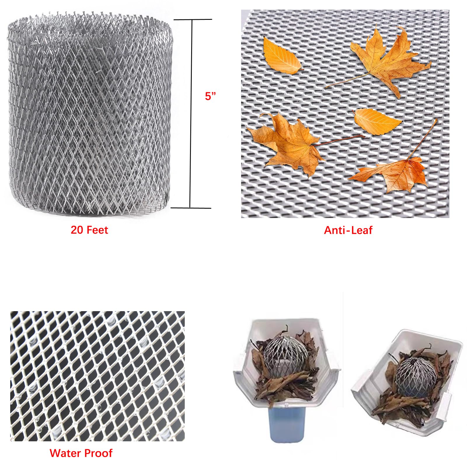 Aluminum Gutter Guard Mesh 5 Inch x 20 Feet with Anti-Scratch Gloves, Roof Gutter Filters Durable Leaf Guards for Gutters Strainer Stop Leaf Blockage Drain Pipe Net Cover (Silver, one Rolls)