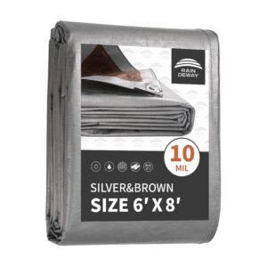 tarps heavy duty waterproof 6x8 feet, 10mil multipurpose small tarp cover with metal grommets and reinforced edges, silver/brown tarp by raindeway