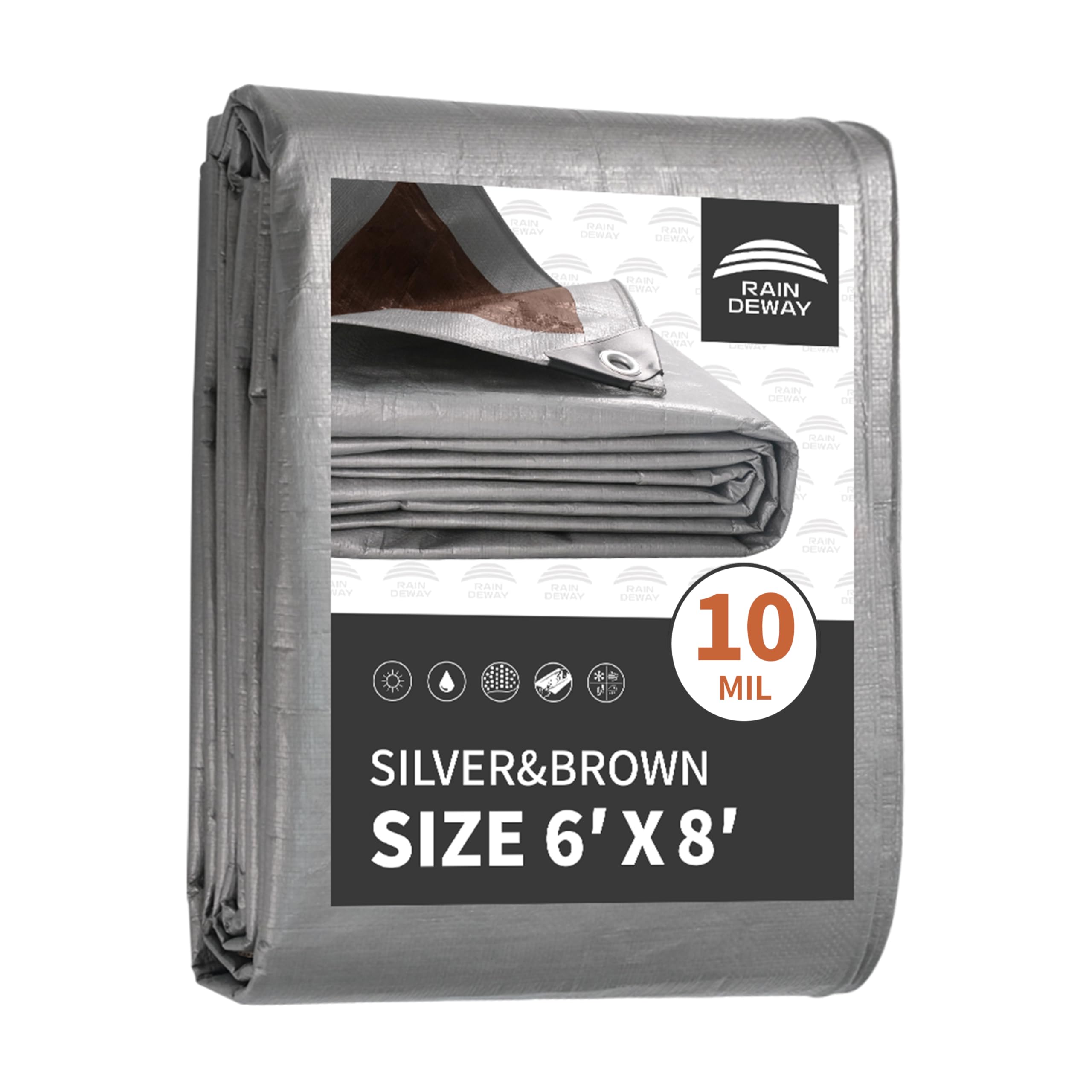 Tarps Heavy Duty Waterproof 6x8 Feet, 10Mil Multipurpose Small Tarp Cover with Metal Grommets and Reinforced Edges, Silver/Brown Tarp by RAINDEWAY