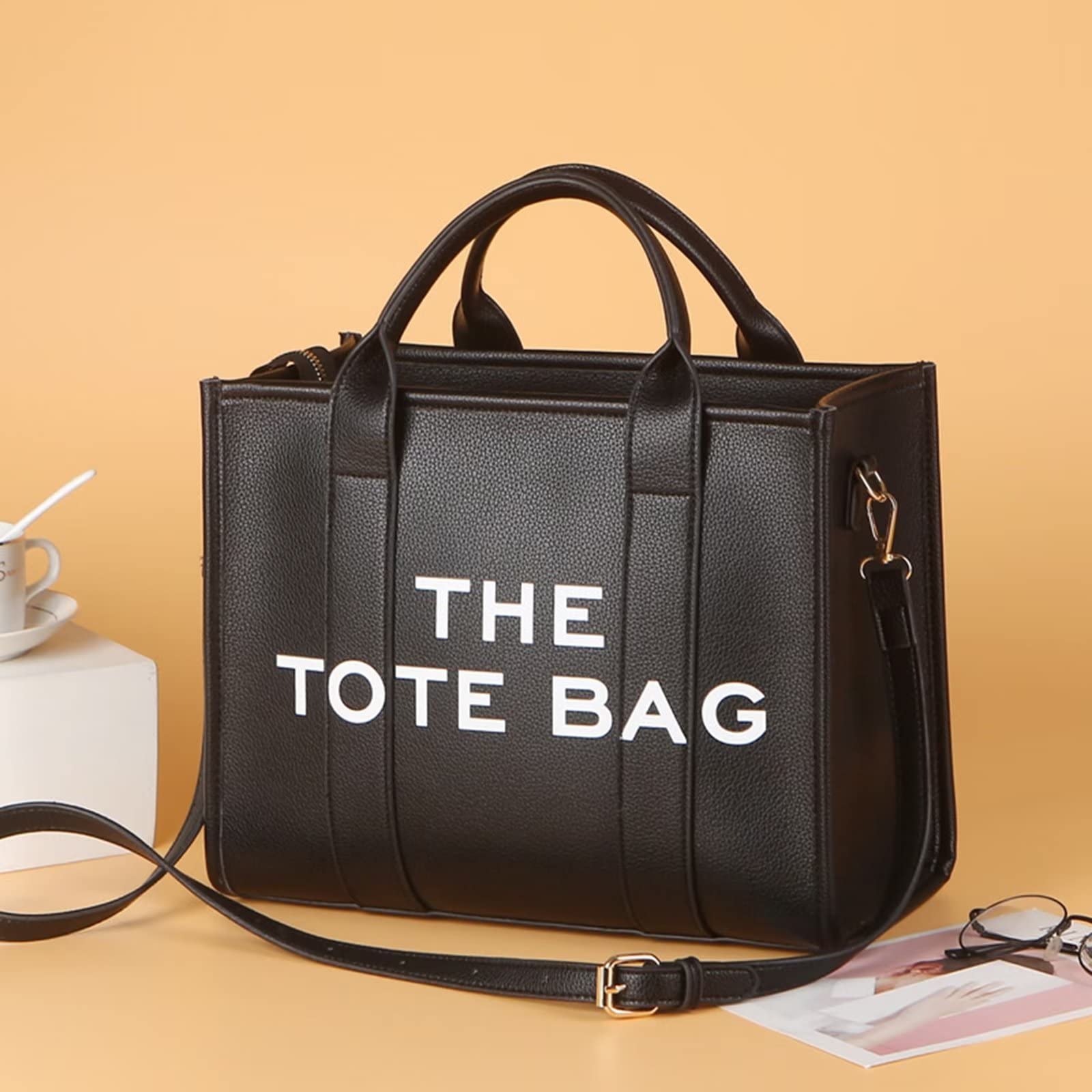 The Tote Bags for Women Large Travel Tote Bag Purse with Zipper PU Leather Tote Bag Top-Handle Shoulder Crossbody Bags Black