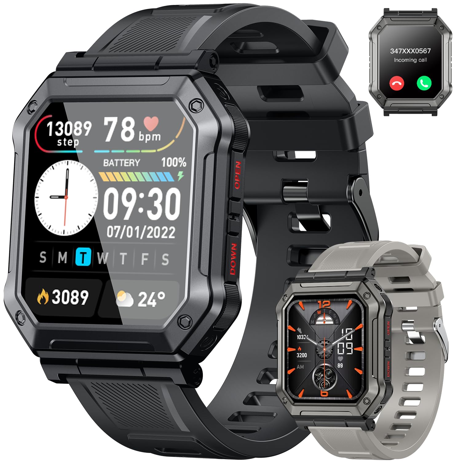 Smart Watch for Men Fitness Tracker: (Make/Answer Call) Bluetooth Tactical Military Smartwatch for Android Phones iPhone Outdoor Waterproof Digital Sport Run Watches Heart Rate Monitor Step Counter