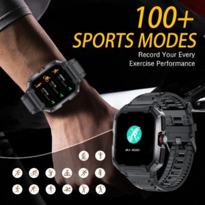 Rugged Smart Watch (Answer/Make Calls)Waterproof Smartwatches for Men Outdoor 1.85" Sports Fitness Tracker For Men with Heart Rate, Sleep Monitor with 100+ Sports Moeds for Android and iOS,47 Black