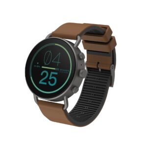 skagen falster men's gen 6 stainless steel smartwatch powered with wear os by google with speaker, heart rate, gps, nfc, and smartphone notifications, color: smoke/tan (model: skt5304v)