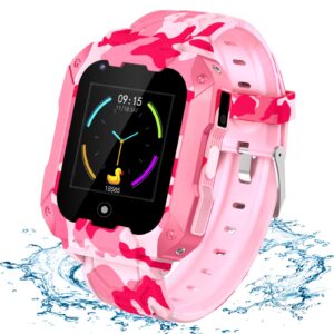 cjc kids smart watches girls for age 3-15,gps tracker for kids with voice chat,3 way-calling,camera smart gps watches with sim slot for toddler new year gift(pink camouflage)