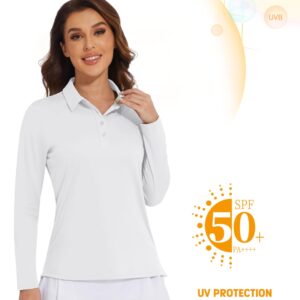 MAGCOMSEN Women's Tennis Polo Shirts UV Shirt Long Sleeve Collared Golf Athletic Shirts UPF 50+ Sun Shirt Women White, 2XL