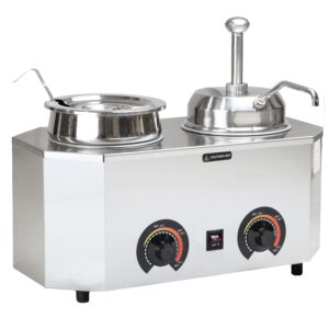 paragon pro-deluxe 2029e ladle/pump dual warmer operator-facing for professional concessionaires requiring commercial quality & construction. accommodates #10 can, stainless steel