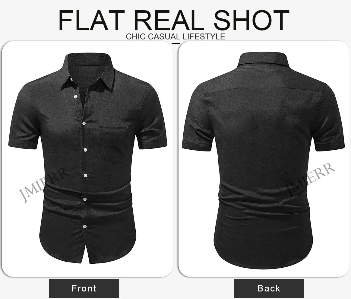 JMIERR Mens Summer Casual Stylish Short Sleeve Button-Up Shirts Cotton Linen Solid Color Business Dress Shirts Beach T Shirt, 2XL, Black