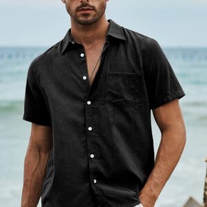 JMIERR Mens Summer Casual Stylish Short Sleeve Button-Up Shirts Cotton Linen Solid Color Business Dress Shirts Beach T Shirt, 2XL, Black