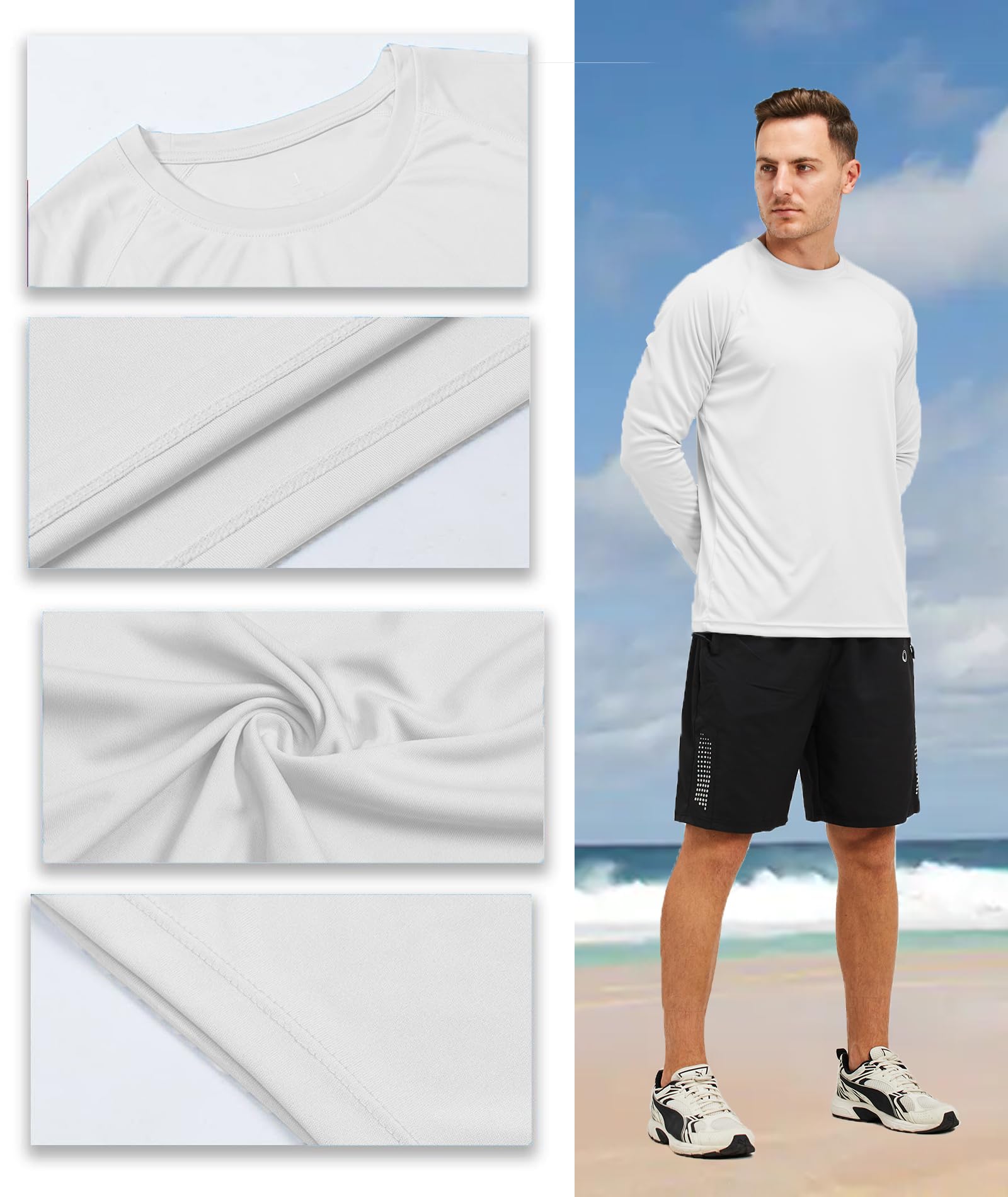 Men's UPF 50+ Long Sleeve Shirts UV Sun Protection Quick Dry Workout Shirts for fishing Running Hiking white S