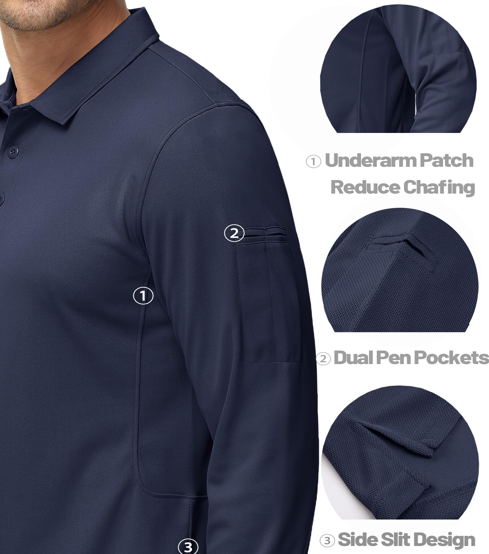 Military Polo Shirts for Men Long-Sleeve Work Polo Performance Quick Dry Shirt Men Casual Shirt Jersey Polo Shirt Navy Blue