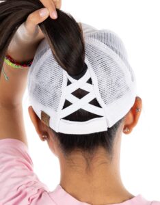 funky junque ponytail messy bun trucker ponycap (mesh - white w/criss cross back)