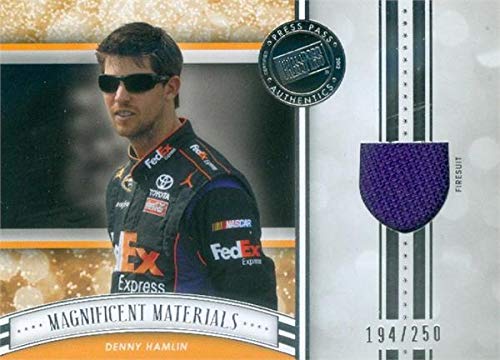 Denny Hamlin race used memorabilia swatch trading card (NASCAR, Auto Racing) 2012 Press Pass Magnificent Materials #MMDH LE 194/250